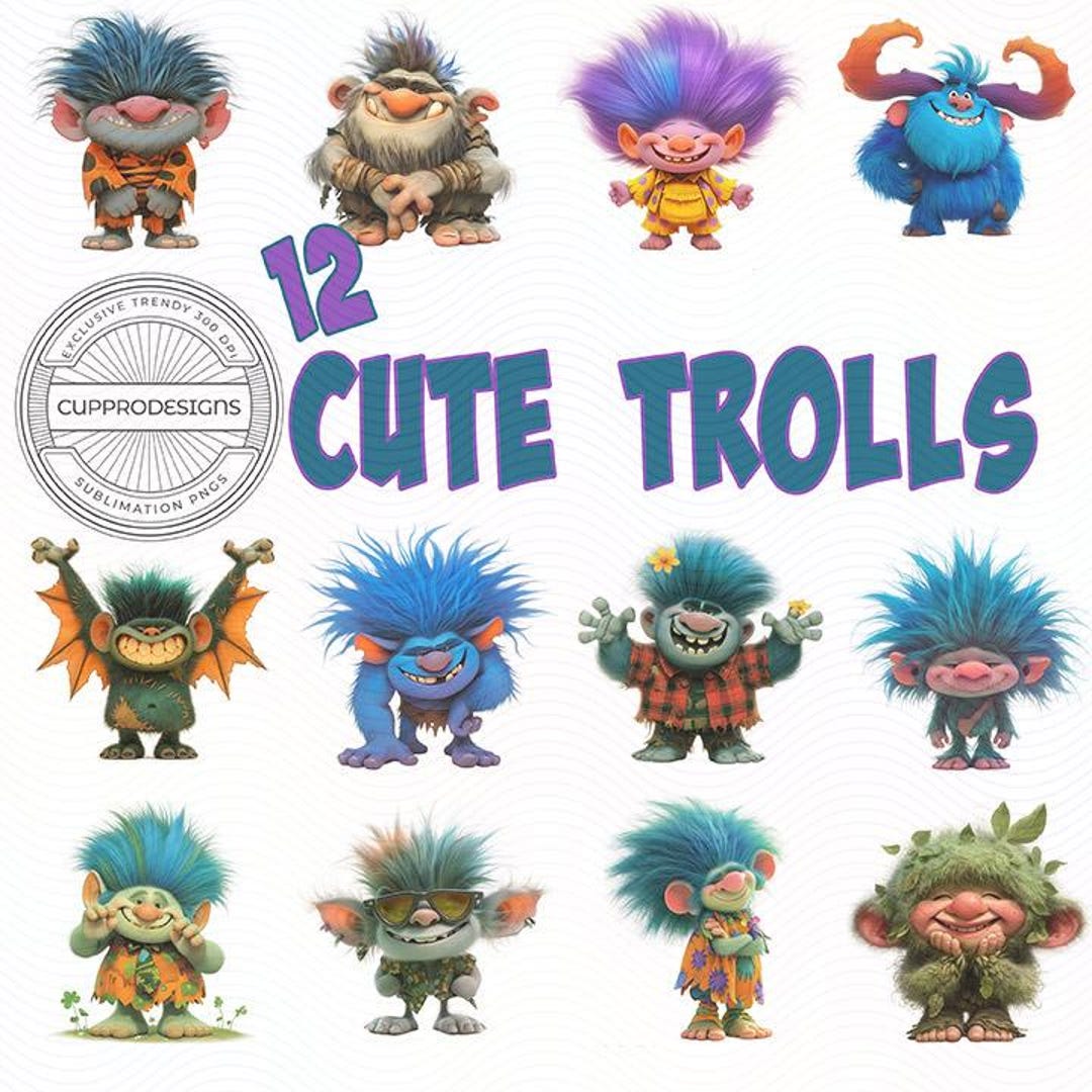 Cute Trolls Clipart PNG Bundle, 12 Funny Cartoon Troll Characters for ...