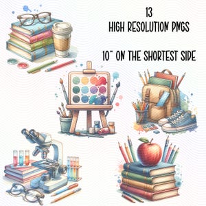 Watercolor Back to School Clipart Bundle: 13 PNG Graphics (digital ...