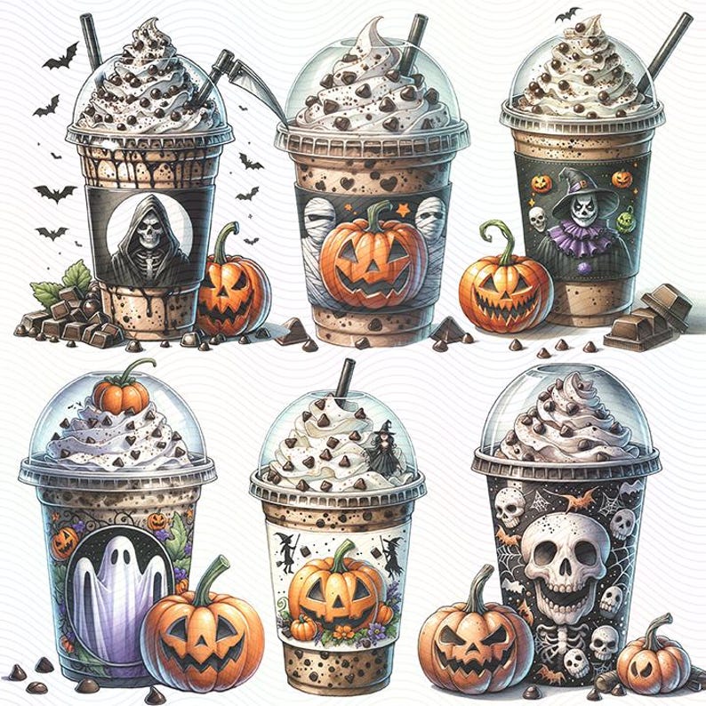 Halloween Coffee Clipart Set, Scary Gothic Watercolor Hot Drink Clipart ...