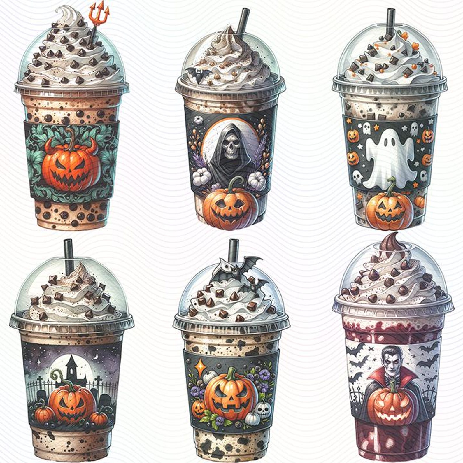 Halloween Coffee Clipart Set, Scary Gothic Watercolor Hot Drink Clipart ...
