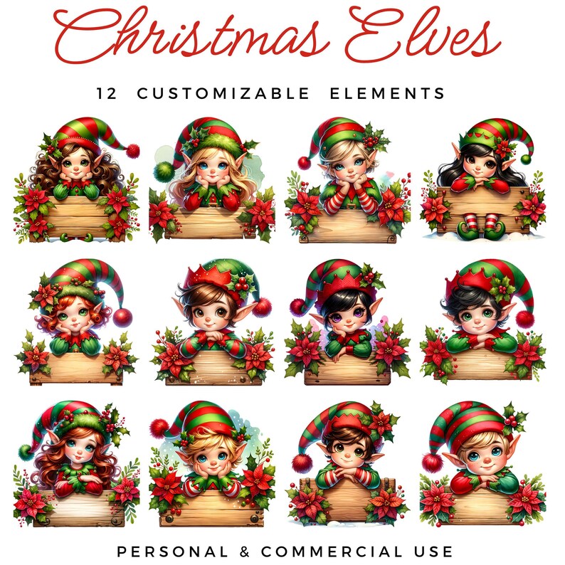 Christmas Elves Clipart Bundle: Customizable Holiday PNG Graphics - Etsy