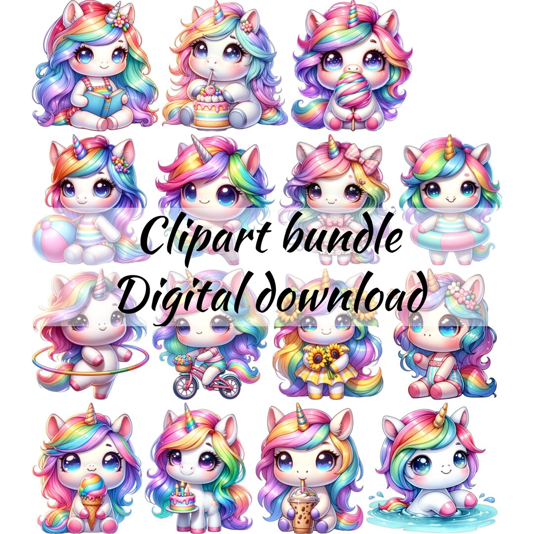 Cute Rainbow Unicorn Clip Art Instant Download Sublimation Design 15 ...