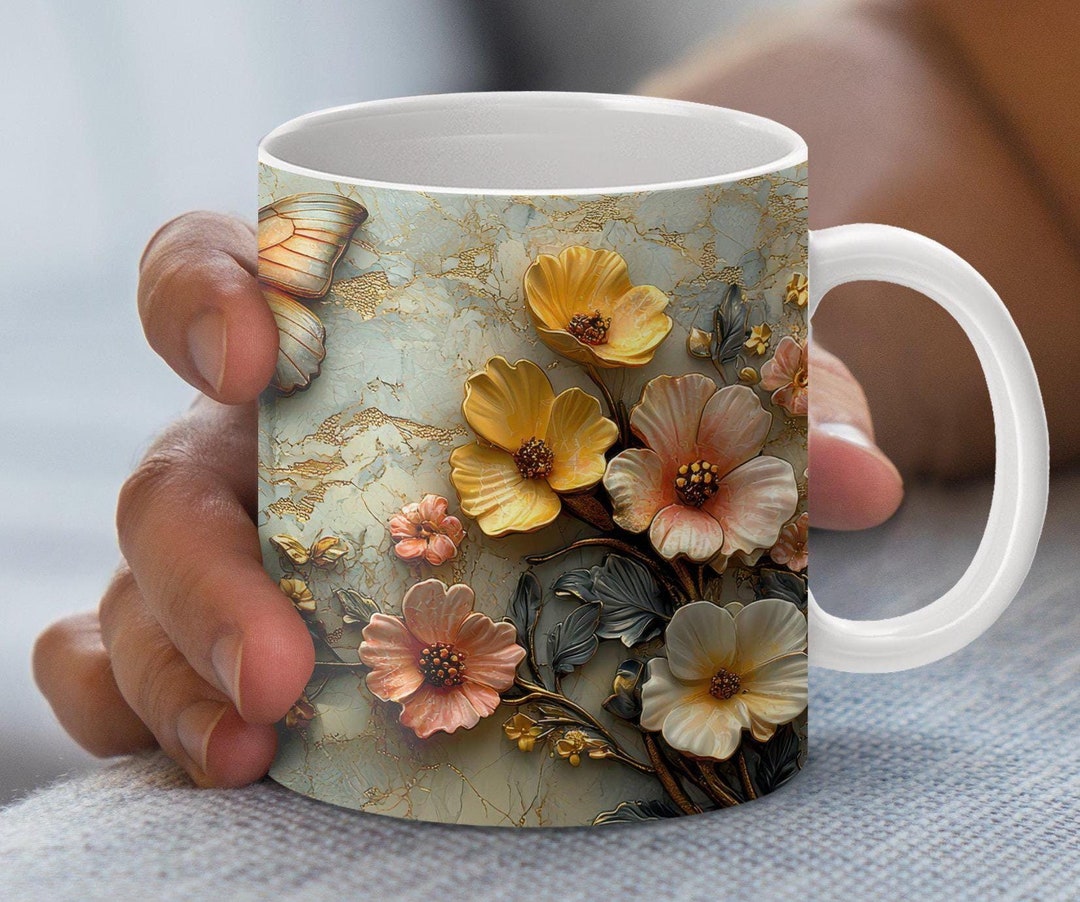 3D Butterfly Spring Garden Mug 15oz Sublimation Wrap, 3d Flowers Mug ...
