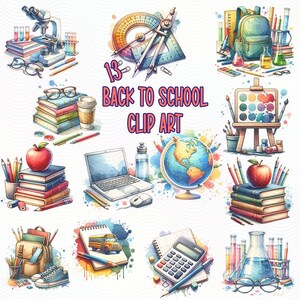 Watercolor Back to School Clipart Bundle: 13 PNG Graphics (digital ...