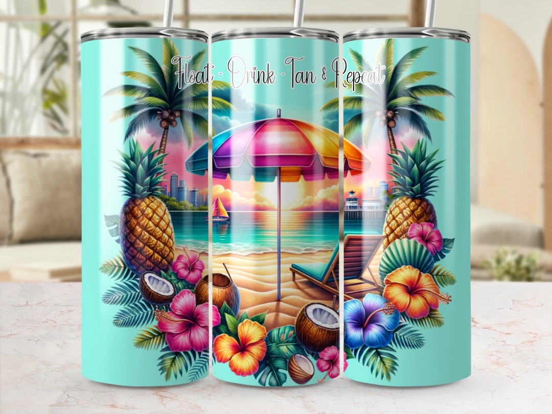 Tropical Beach Scene Sublimation PNG Wrap for 20oz Skinny Tumbler ...
