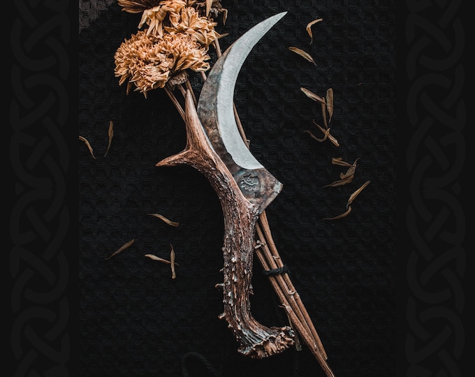 Hand-forged Stainless Steel Sickle With Antler Handle – Handle Glows in ...