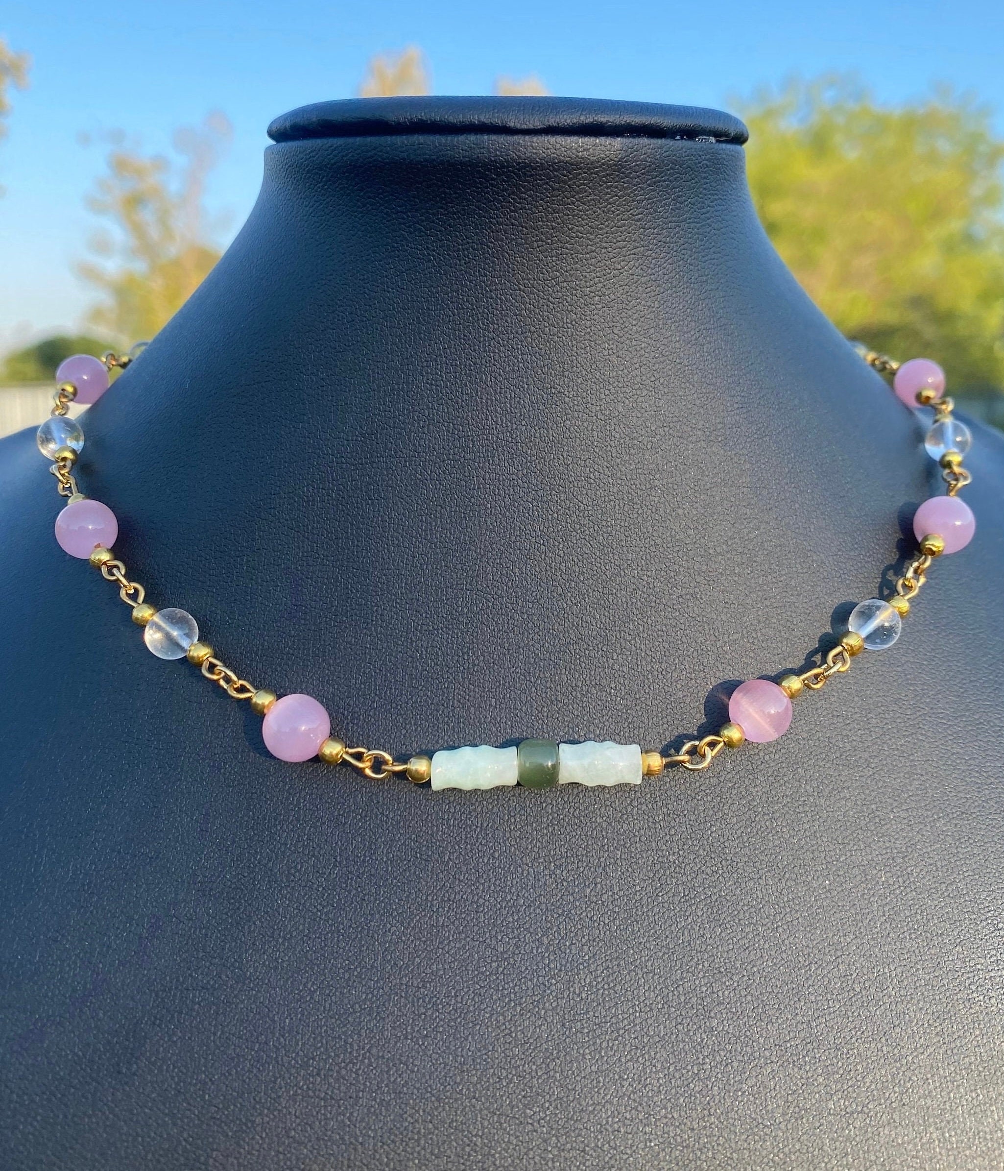 Handmade Demon Slayer Nezuko Inspired Crystal Necklace: Pink Cat Eye ...