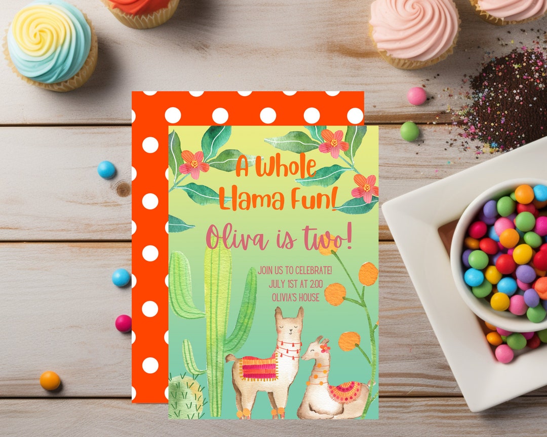 Llama Birthday Party Invitation Llama Fun Cactus Teal Orange Digital ...