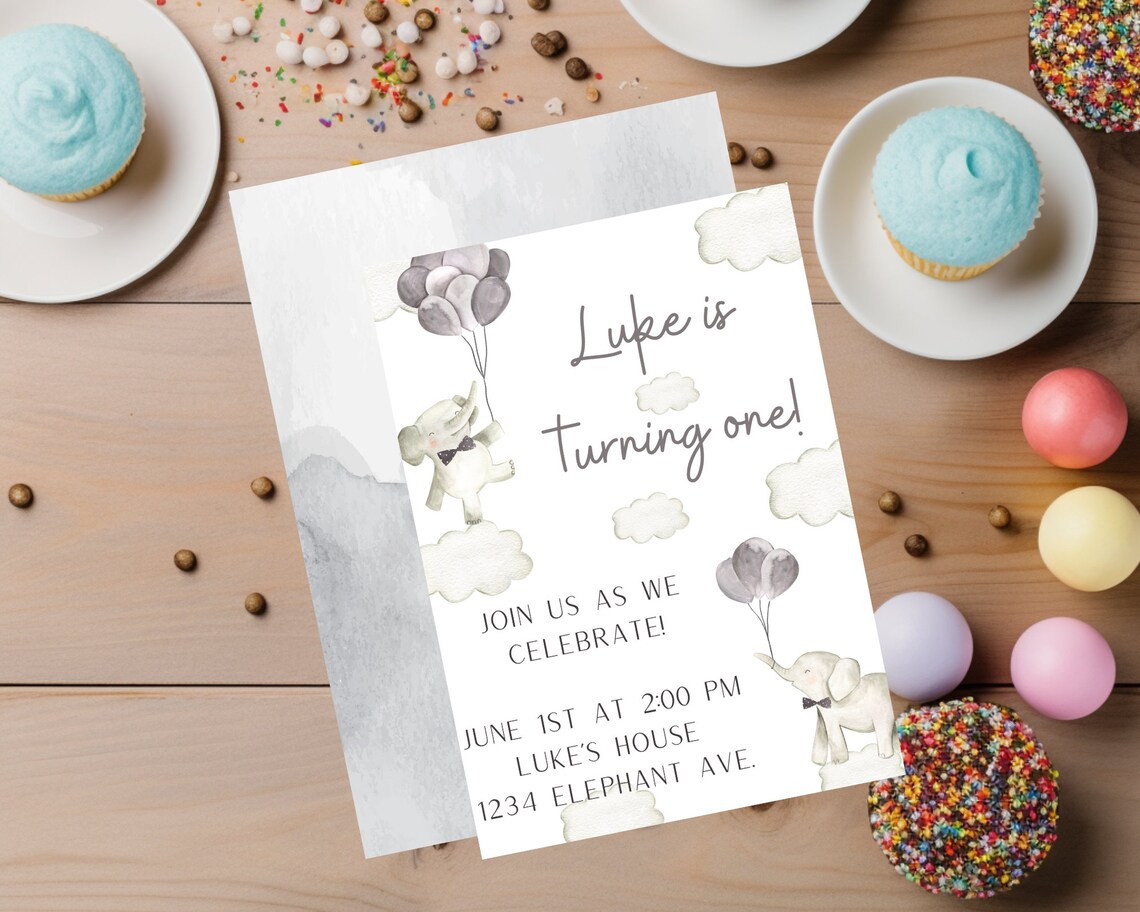 Elephant Birthday Party Invitation Gray Marble Watercolor - Etsy