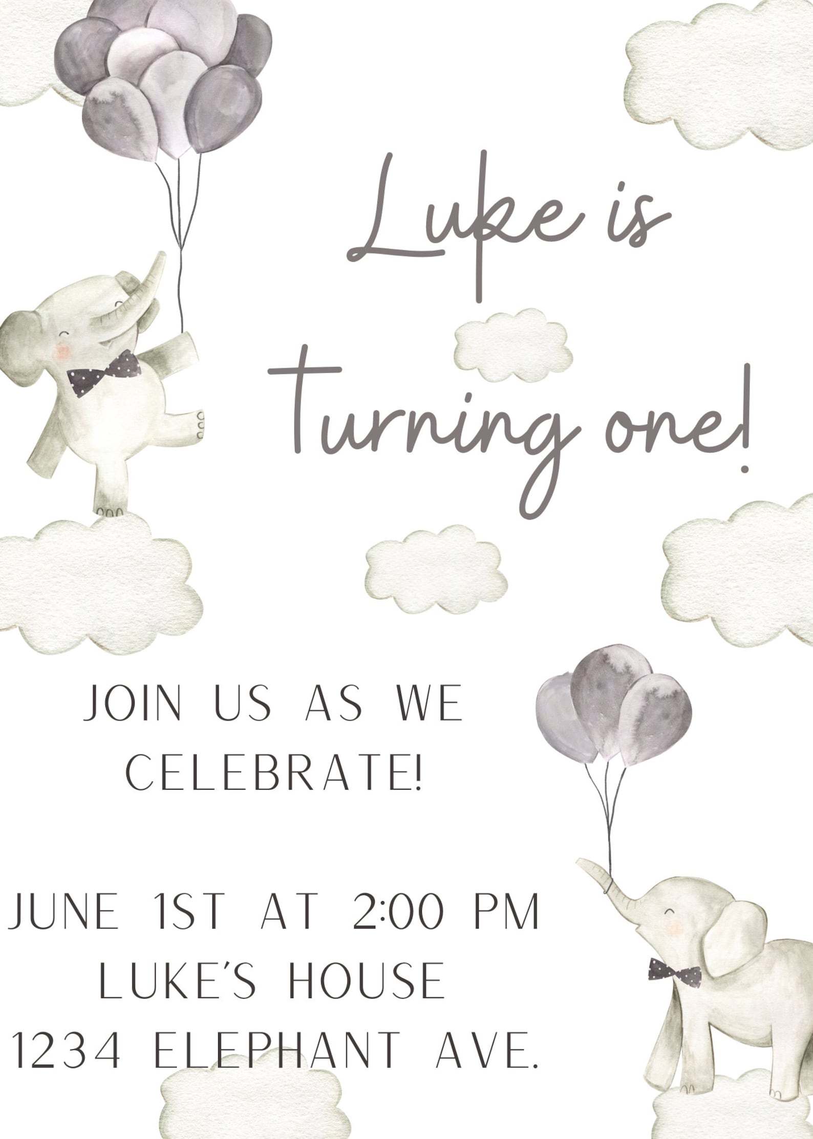 Elephant Birthday Party Invitation Gray Marble Watercolor - Etsy