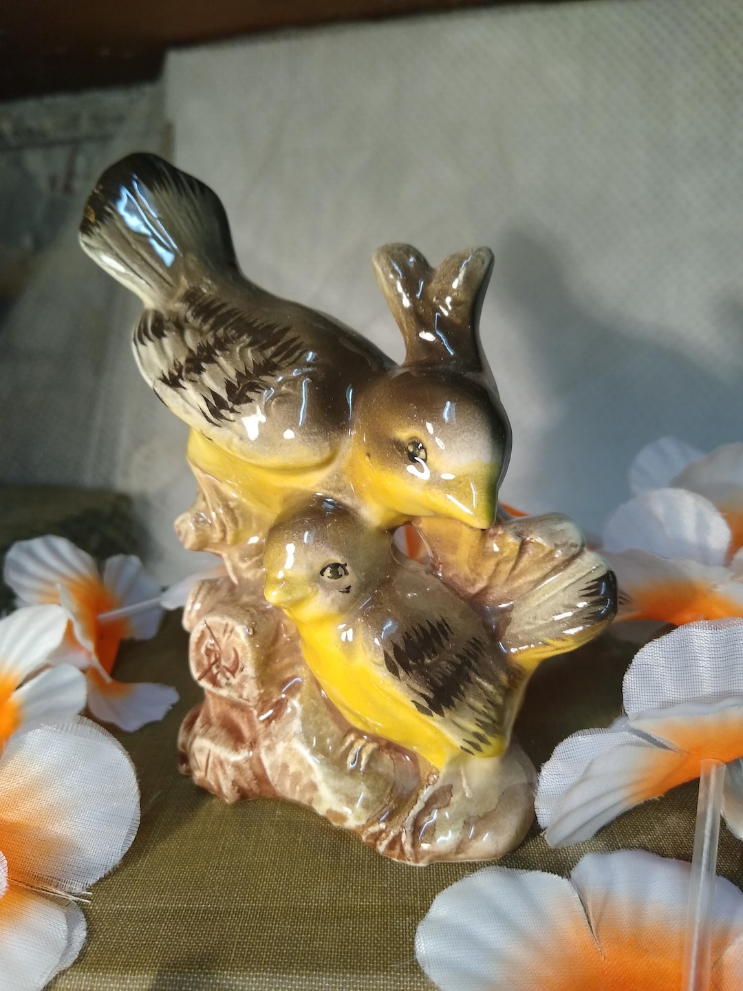 Vintage Ceramic Goldfinch Statue - Mama and Baby Bird Figurine Hand ...