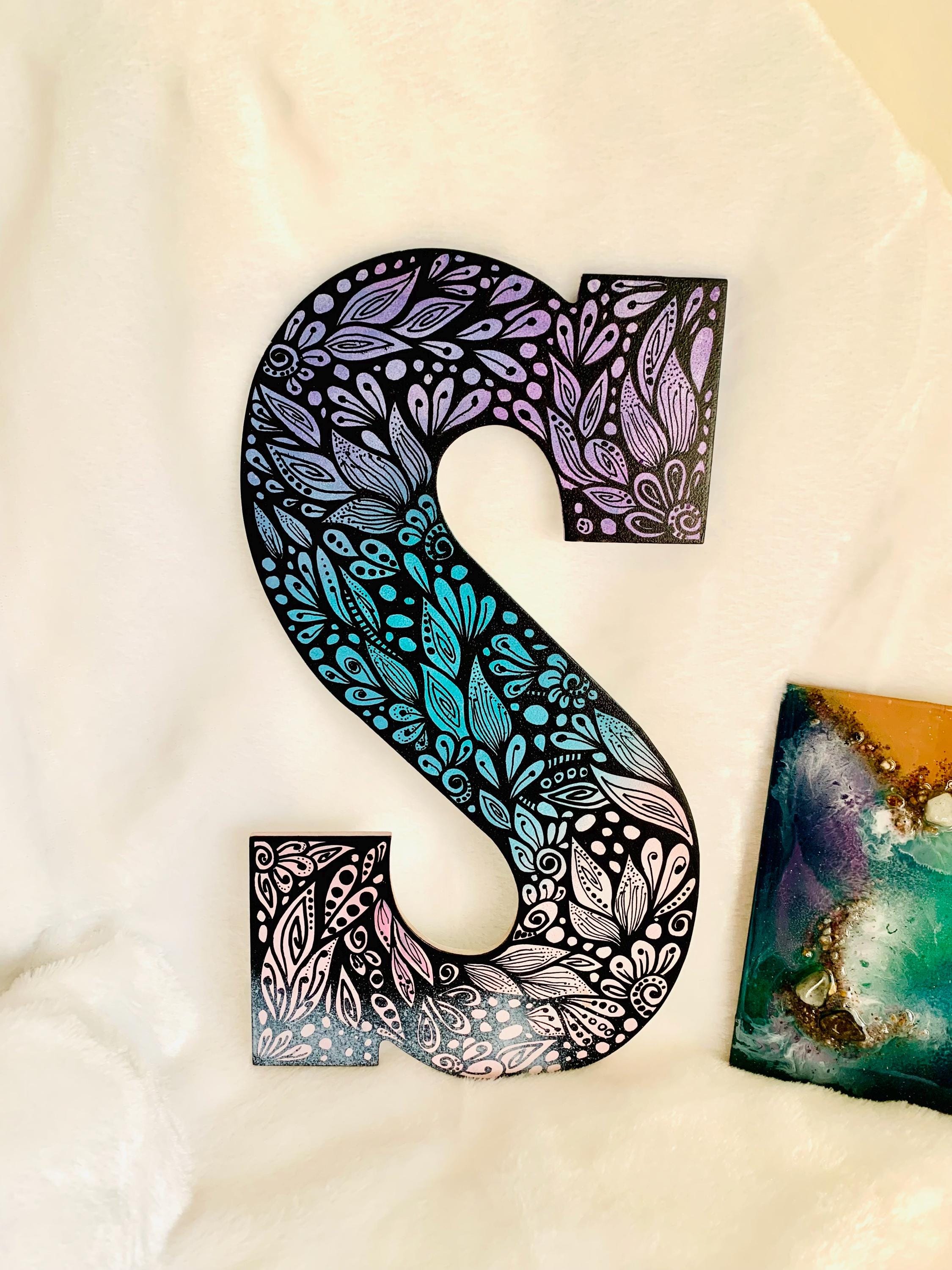 Custom Zentangle Wooden Letter: Hand-painted Art Decor (32x20x0.5 Cm ...