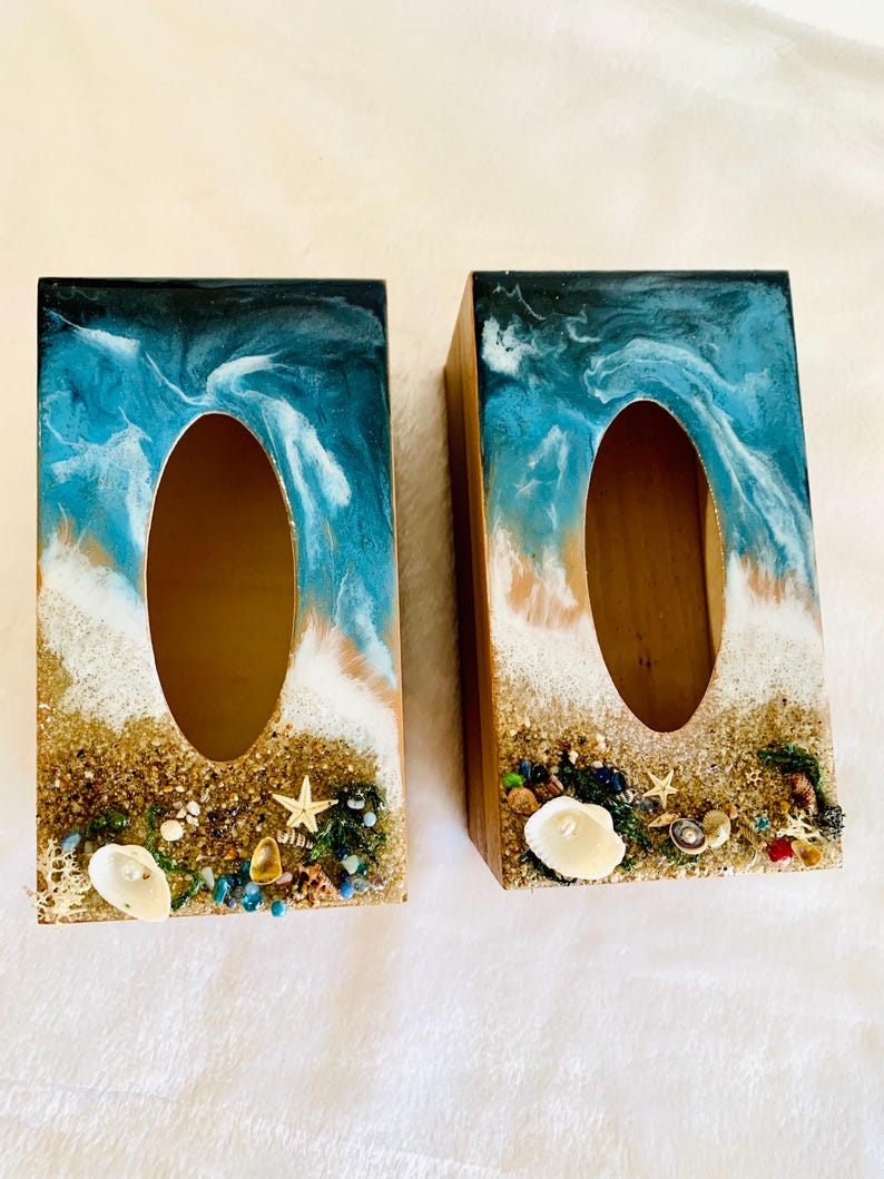 Epoxy Resin Beach Tissue Box Cover: Rectangular Wood Seascape Art - Etsy