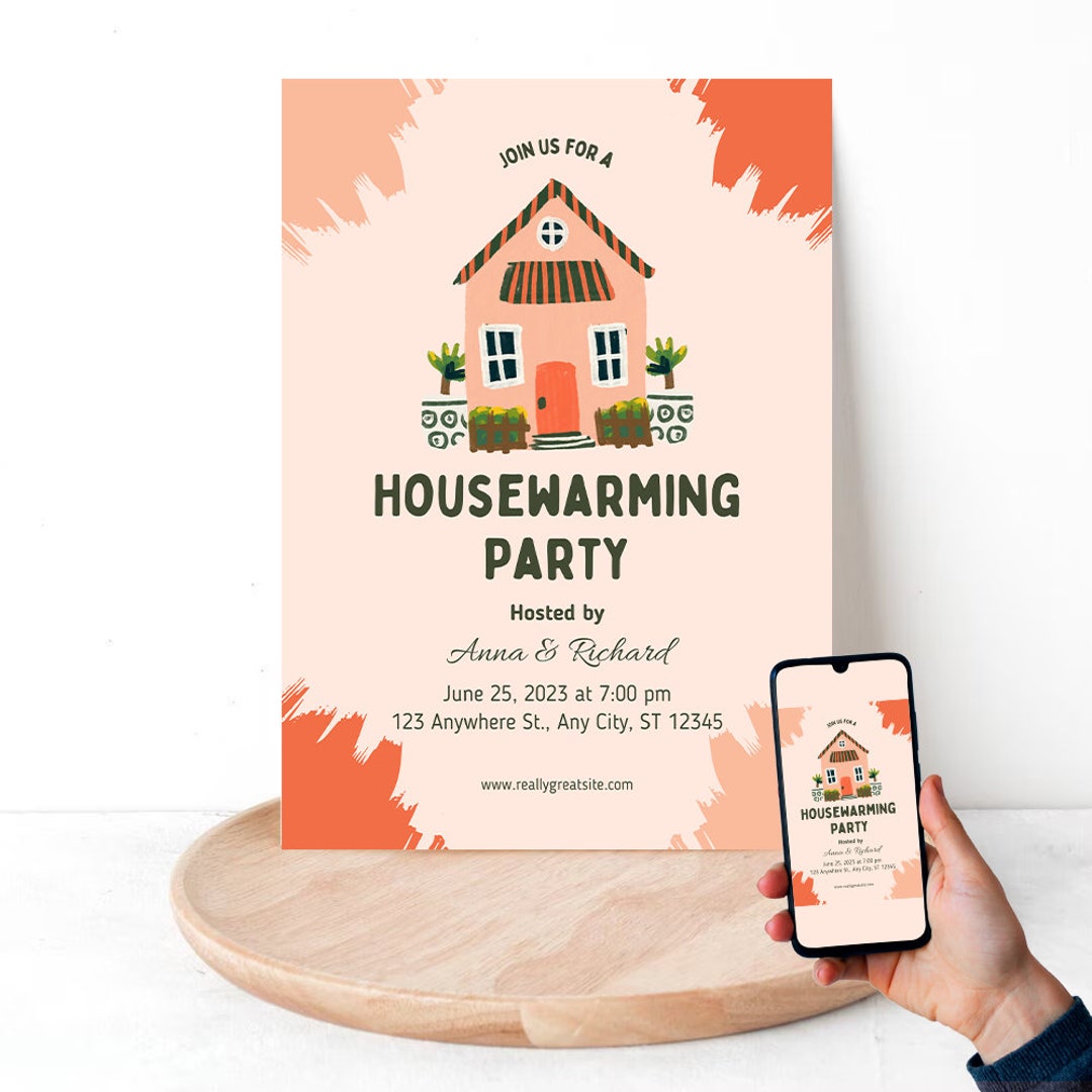 Housewarming Invite Template, Orange Invitation Card for Instant ...