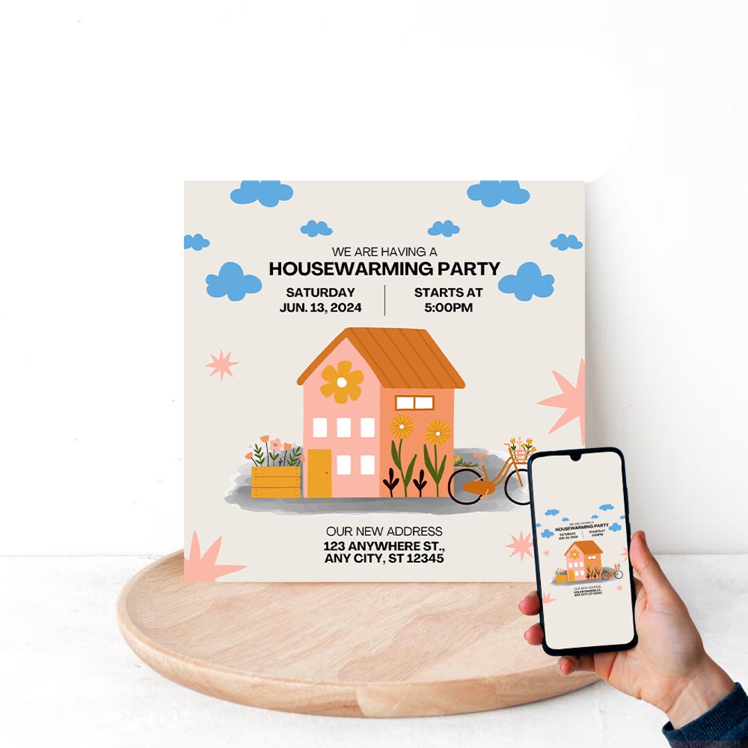 Housewarming Invite Template, Orange Invitation Card for Instant ...