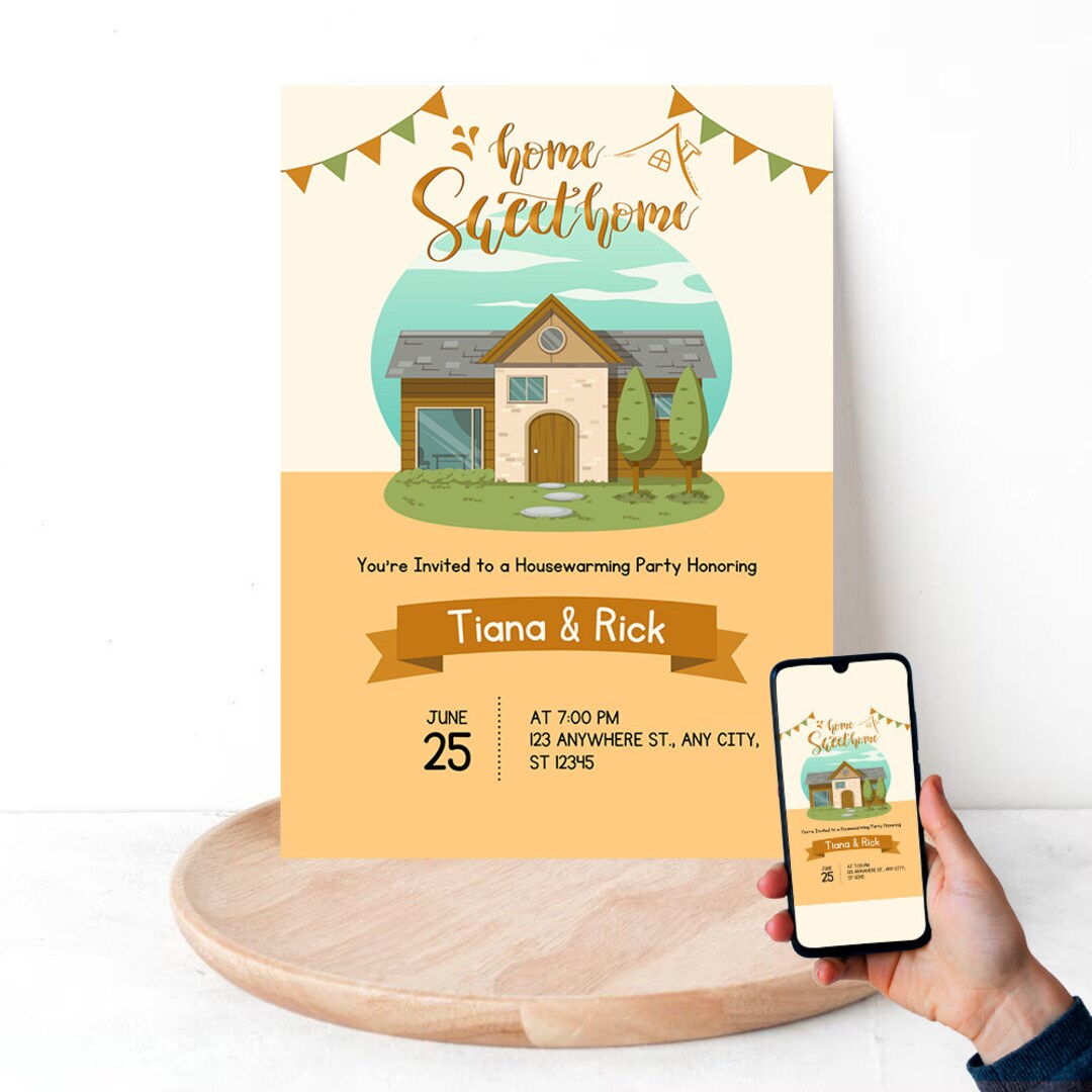 Housewarming Invite Template, Orange Invitation Card for Instant ...