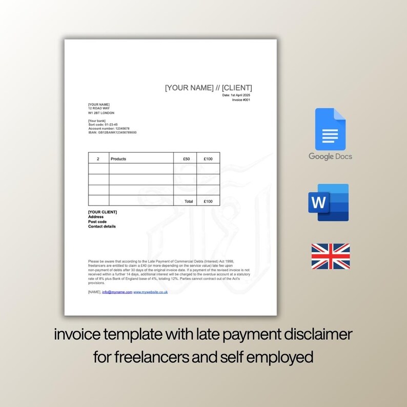 Invoice Template With Late Payment Disclaimer | Freelancers & Self ...