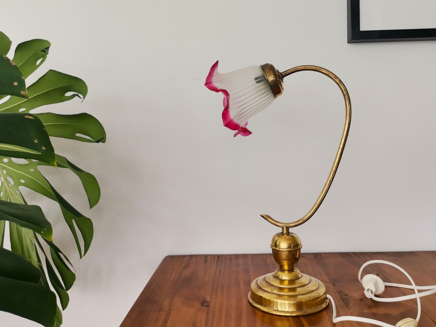 Art Nouveau Style Swan Neck Lamp With Pink Tulip Glass Lampshade - Etsy