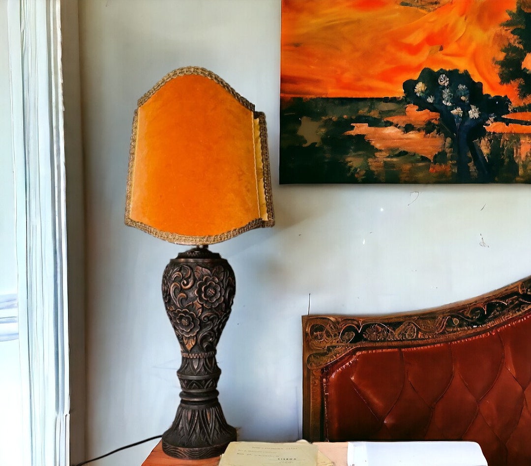 Large Classical Carved Wood Buffet Table Lamp With Velvet Shield Half ...