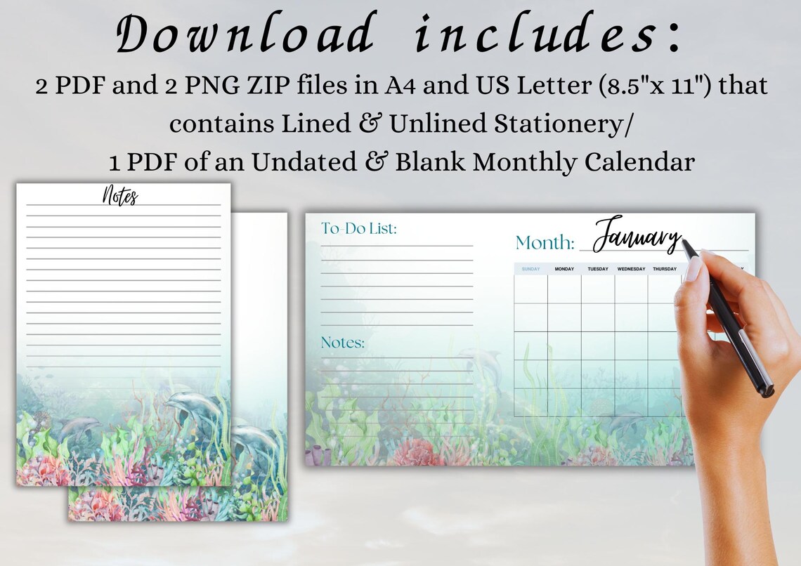 Printable Stationery | Dolphin | Calendar | Undated Calendar | Writing ...