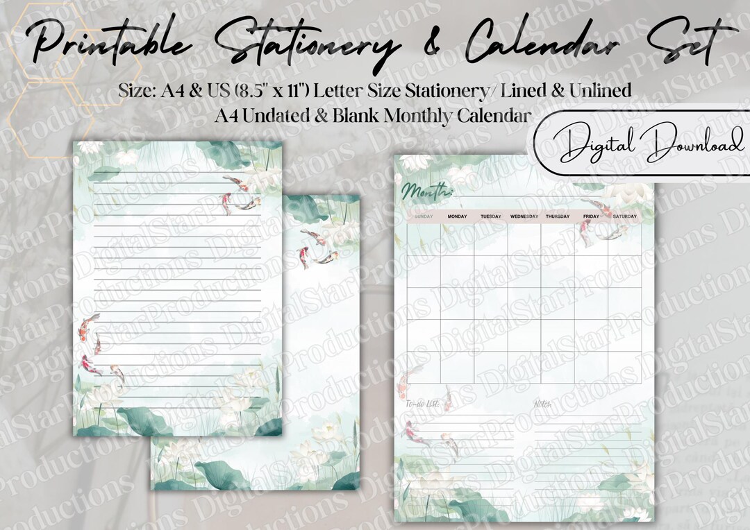 Printable Koi Pond Stationery | Calendar Set | Planner | Undated ...