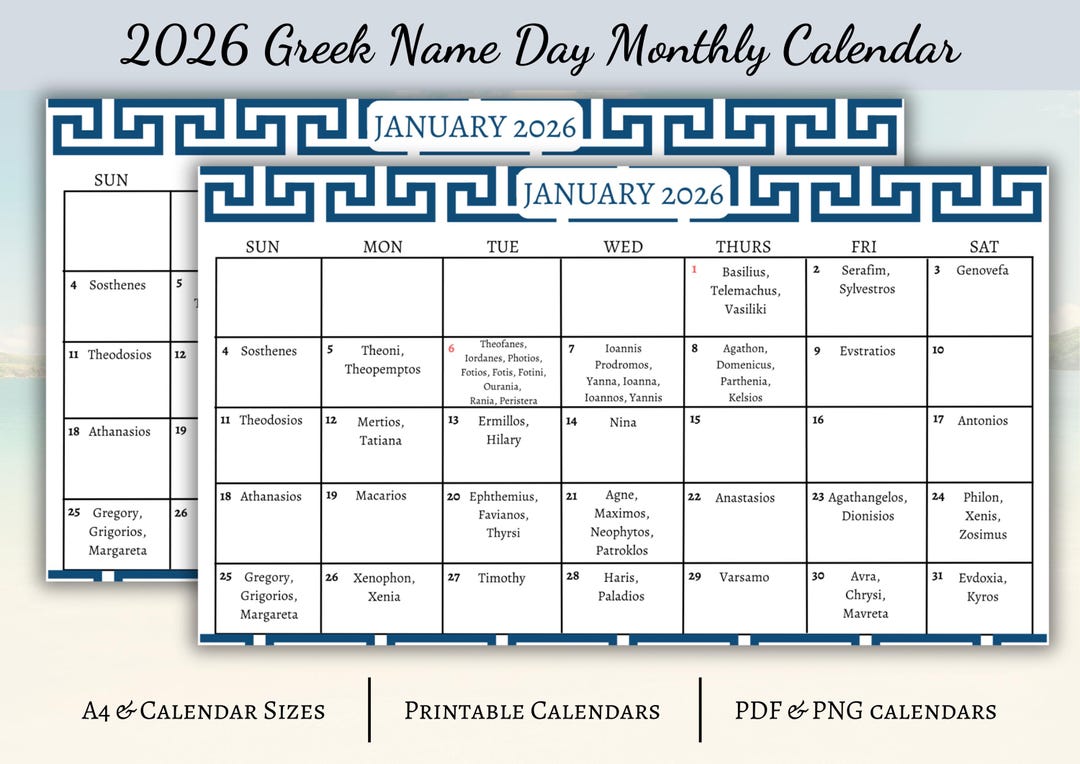 Printable 2026 Greek Name Day Calendar | 12 Months Calendar | Greek ...