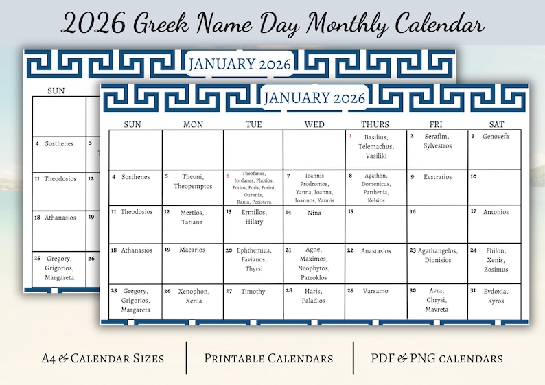 Printable 2026 Greek Name Day Calendar | 12 Months Calendar | Greek ...