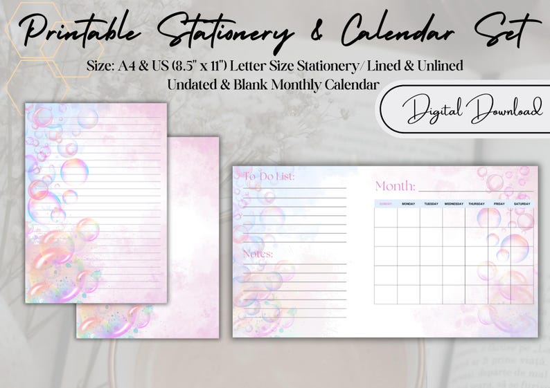 Printable Stationery | Bubbles | Calendar | Undated Calendar | Writing ...