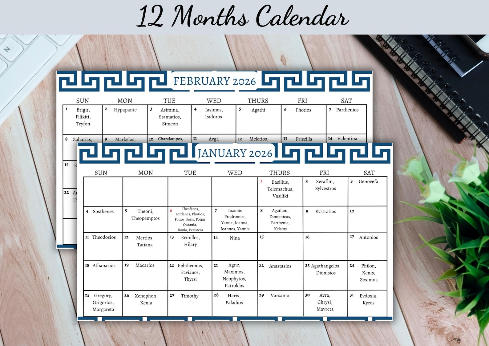 Printable 2026 Greek Name Day Calendar | 12 Months Calendar | Greek ...