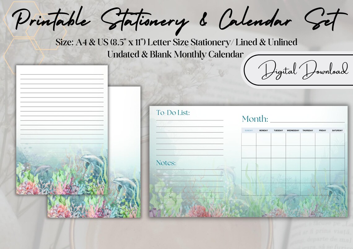 Printable Stationery | Dolphin | Calendar | Undated Calendar | Writing ...