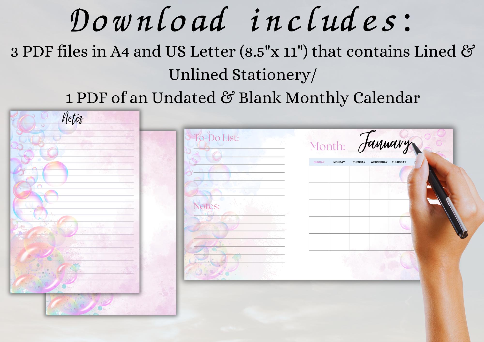 Printable Stationery | Bubbles | Calendar | Undated Calendar | Writing ...