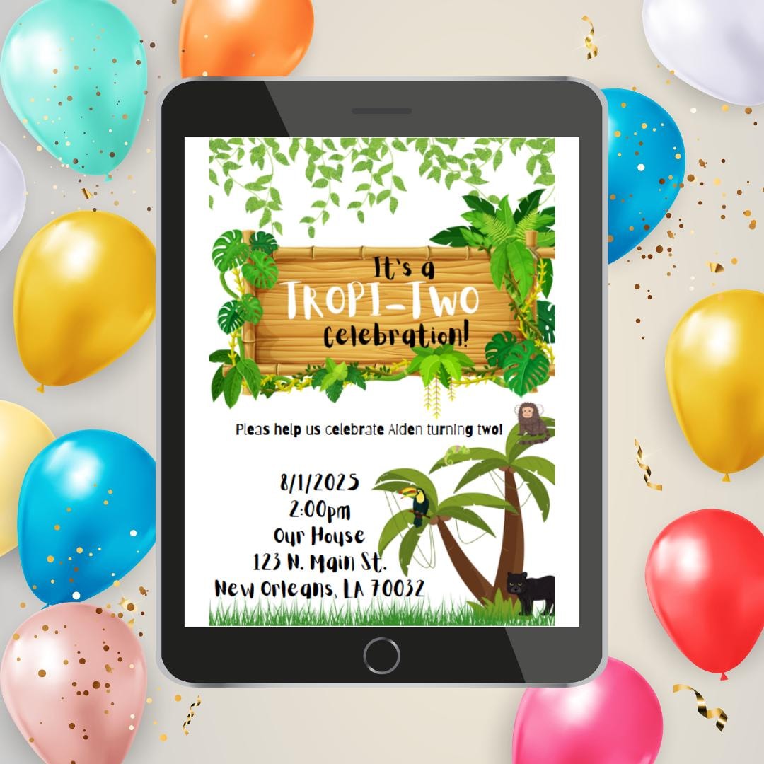 Tropi-two Digital Download 5x7 Birthday Invite Two Years Old Printable ...