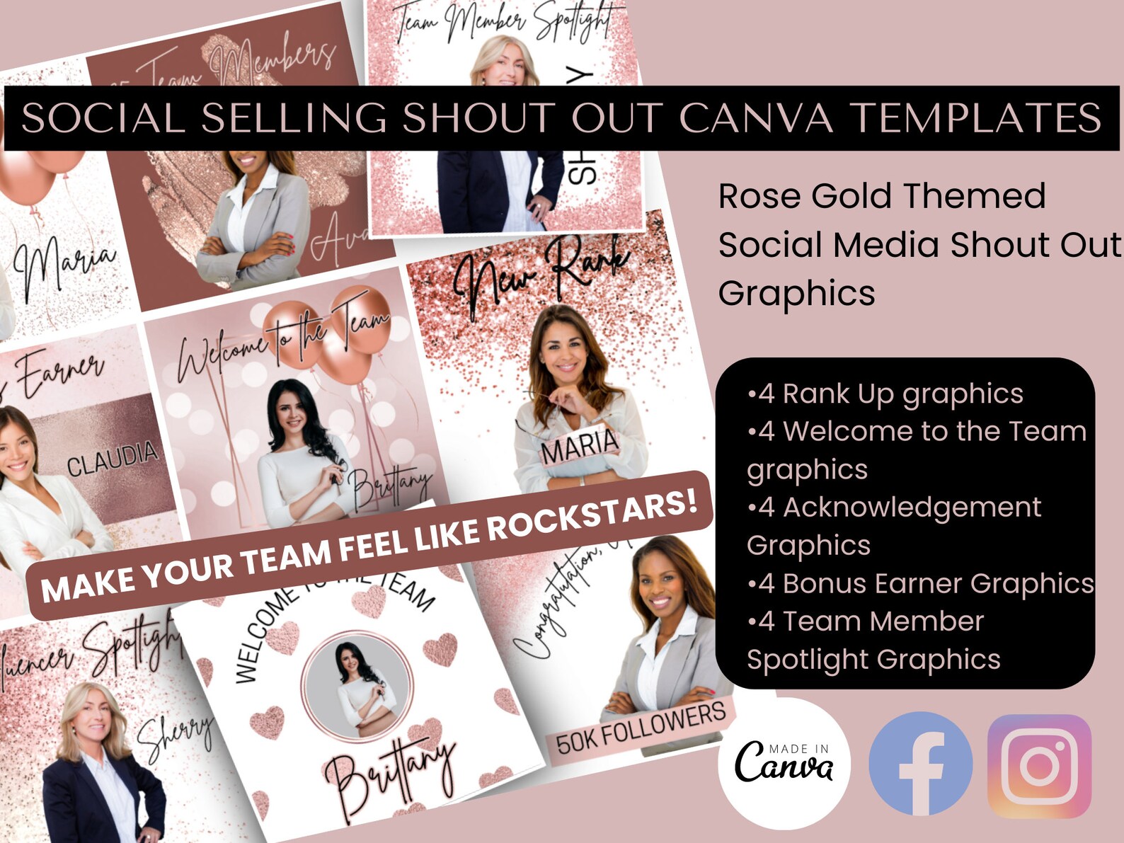 Rose Gold Canva Template Shout Out Social Media Rank up Graphic Pink ...