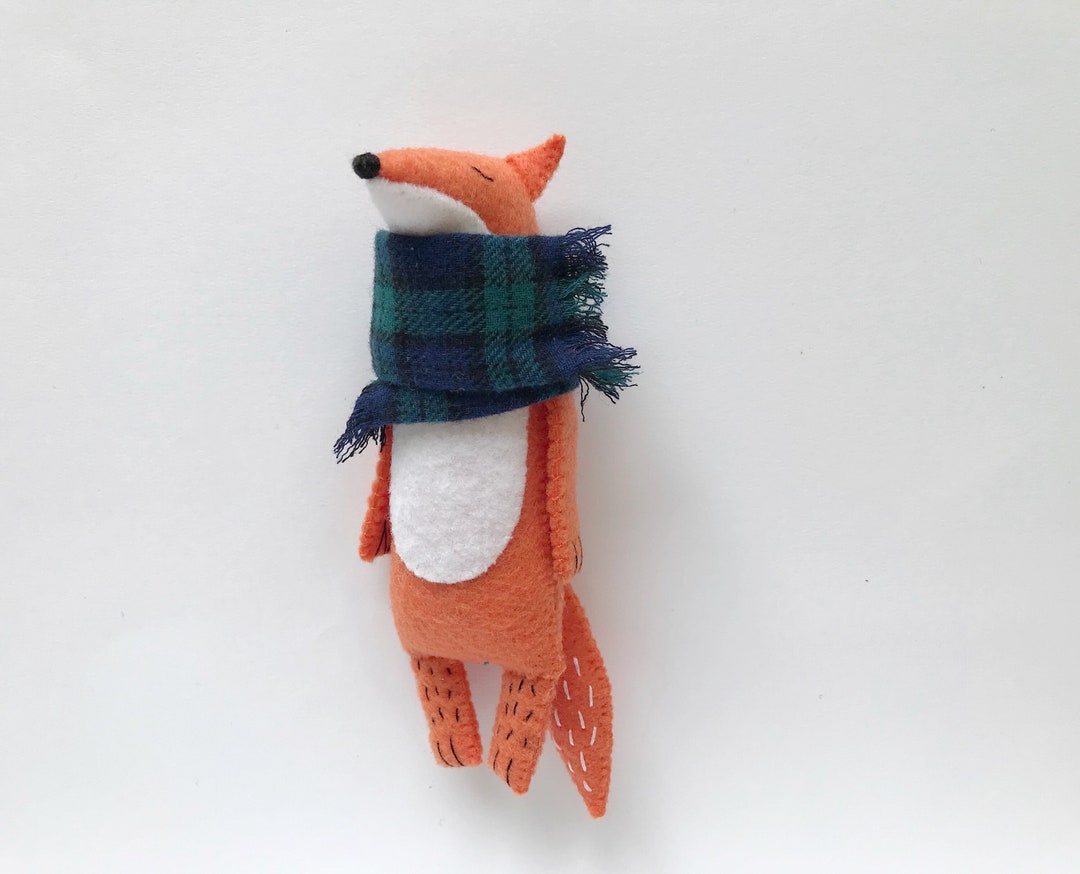 Fox Stuffed Animal Toy in Black Watch Tartan Scarf, Felt Animals , Fox ...