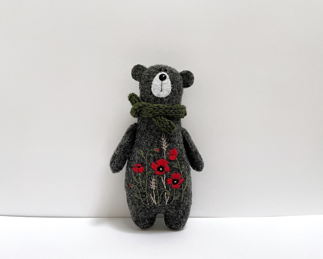 Stuffed Bear Toy With Poppies Embroidery, Birthflower Poppy, Grey Bear ...