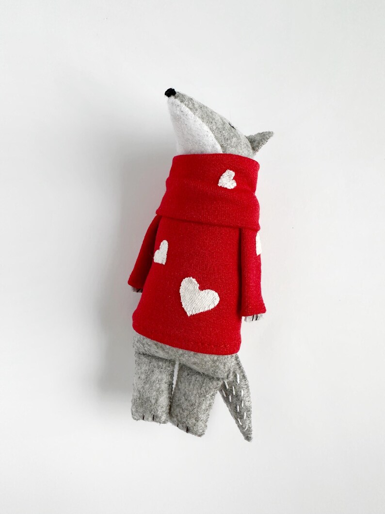 Handmade Stuffed Wolf Plushie: Red Heart Sweater, Valentine's Day Gift ...