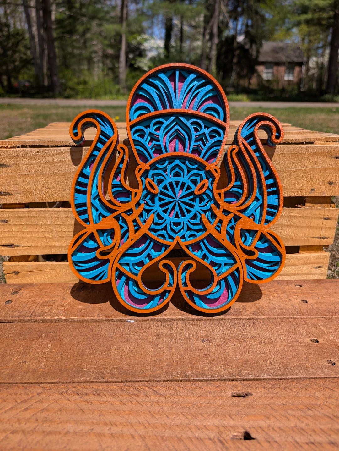 Octopus Laser Cut Wood Art Hand-painted Wall Art Home Decor Layered Art ...