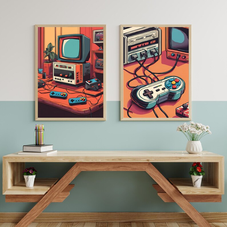 Retro Gaming Setup Poster Set- Vintage Console, Controller and TV ...