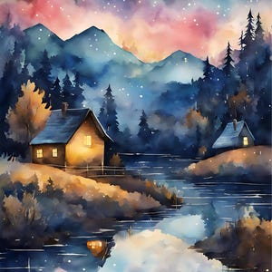 Watercolor Starry Night/digital Art File for Art Print/landscape Image ...