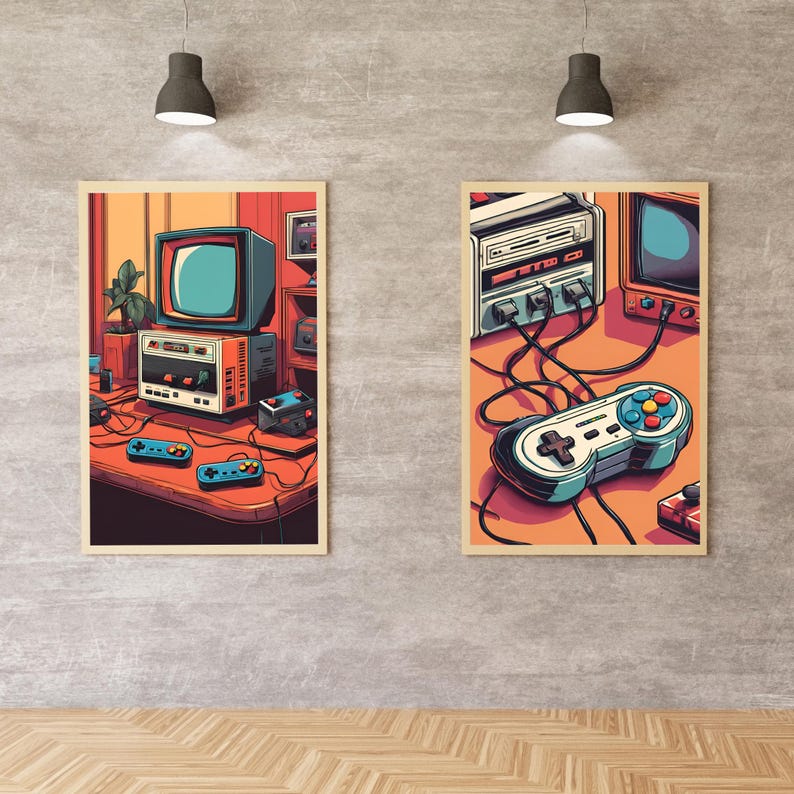 Retro Gaming Setup Poster Set- Vintage Console, Controller and TV ...