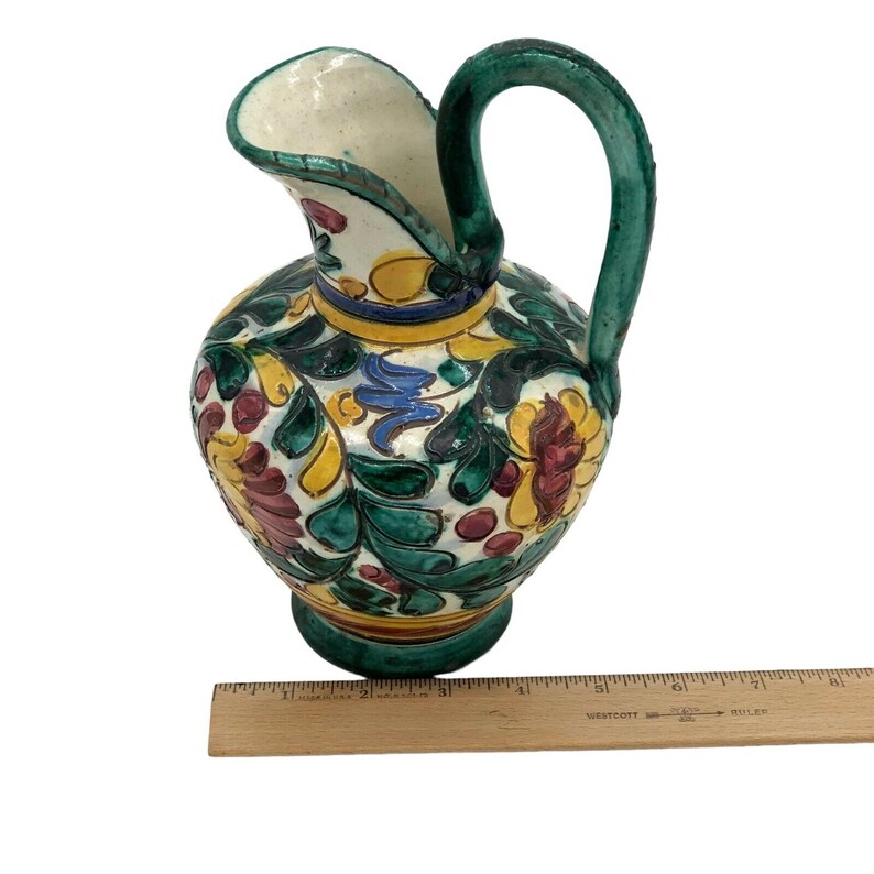 MAJOLICA Antique Italian Pottery Pitcher With Flower Motif - Signed M.B ...
