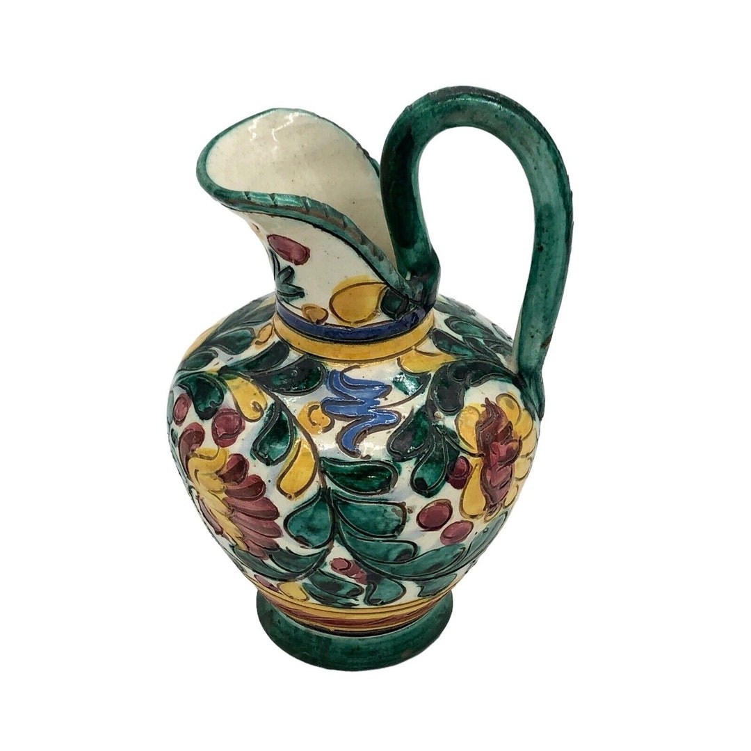 MAJOLICA Antique Italian Pottery Pitcher With Flower Motif - Signed M.B ...