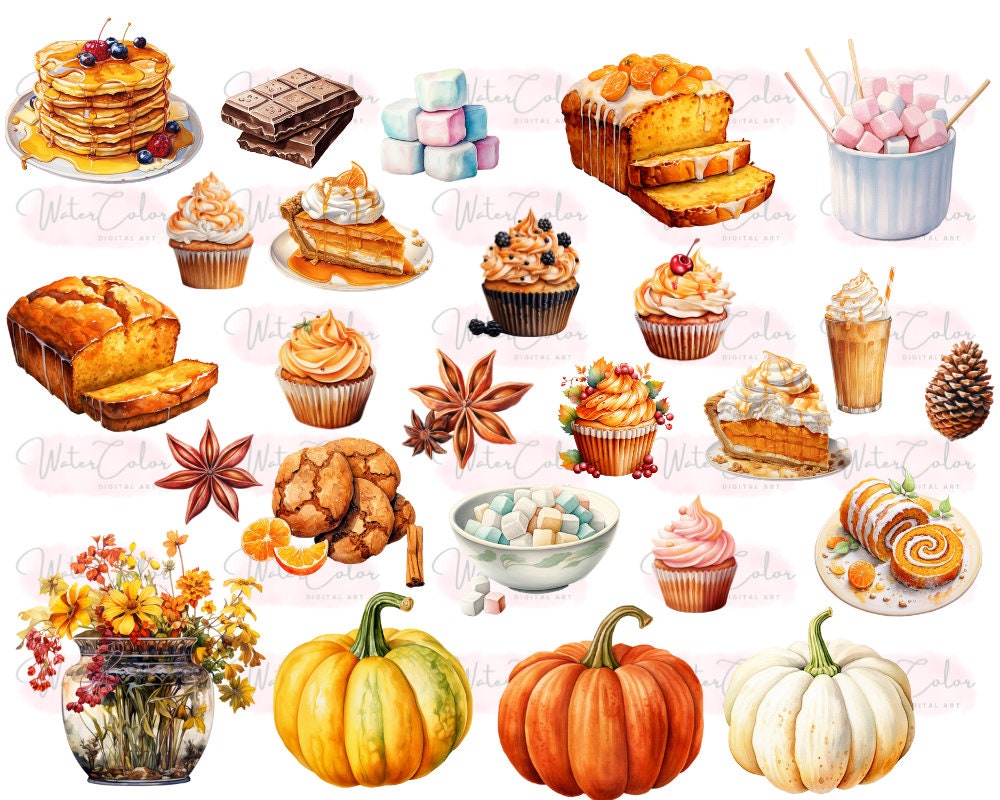Pumpkin Spice Watercolor Clipart, Cozy Fall Sweets and Treats Cookies ...