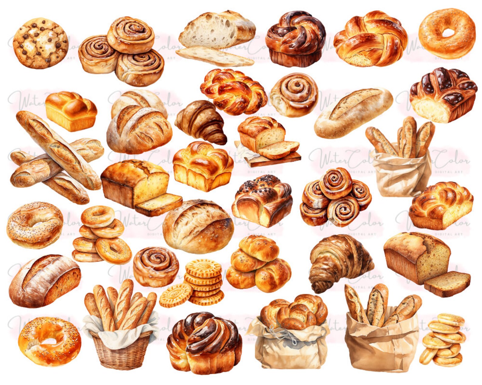 Watercolor Baked Bakery Clipart, Bread Baguettes French Croissants ...