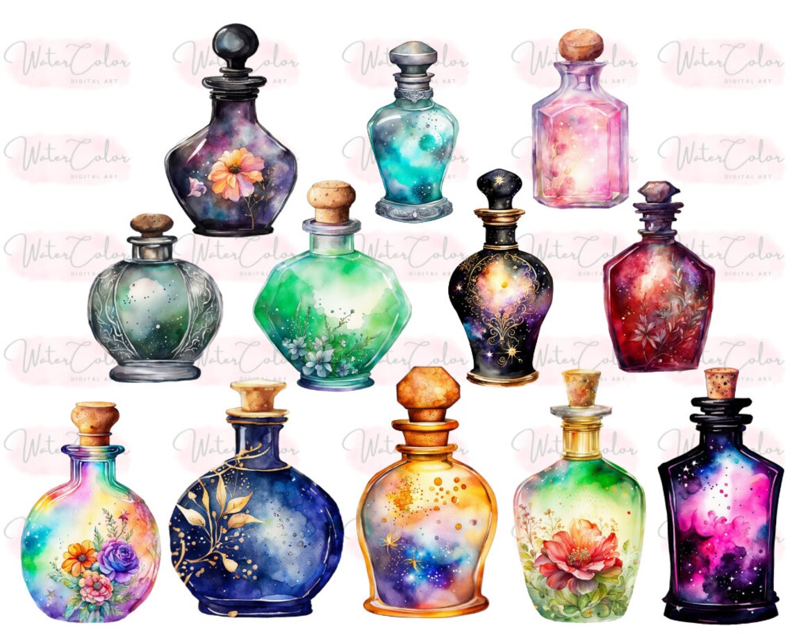 Magical Flower Potion Watercolor Perfume Clip Art Magic - Etsy