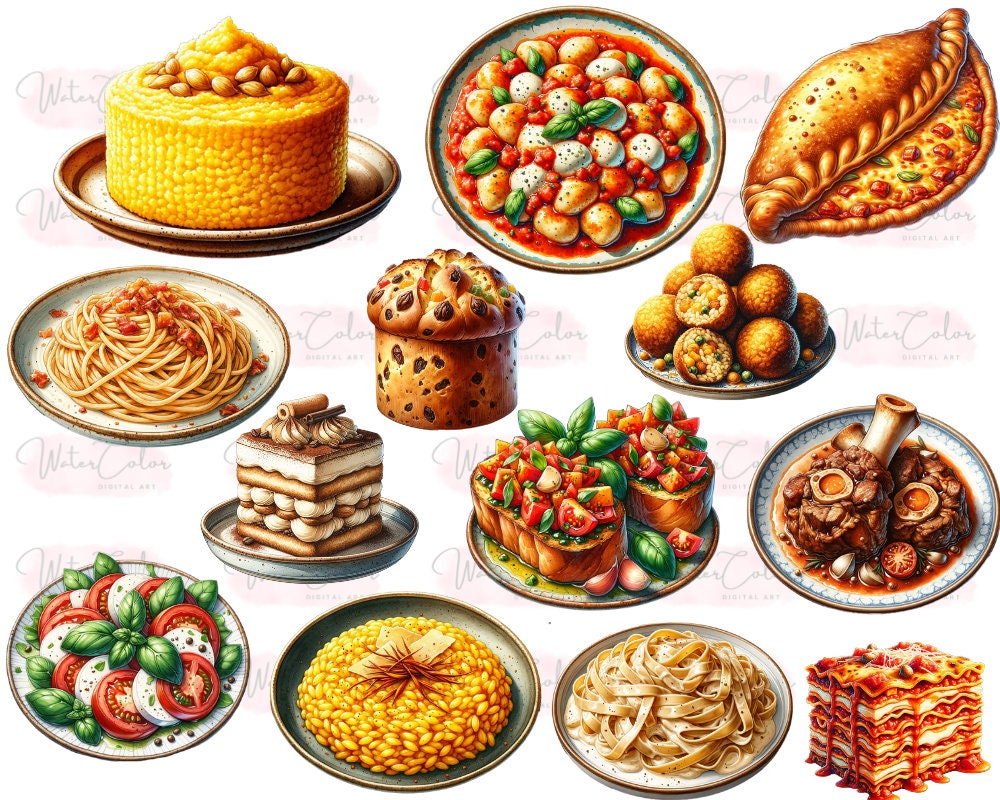 Watercolor Italian Food Bundle Clipart, Italy Gourmet Dishes Pizza ...