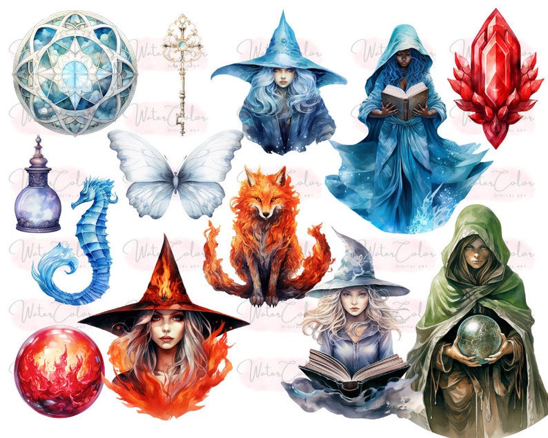 Elemental Witches Clipart Watercolor Elements Fire Water Earth Air ...