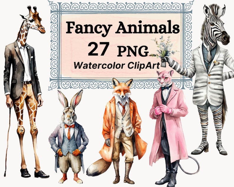 Forest Animals Fancy Zoo Clipart Watercolor Design Vintage Clothes ...