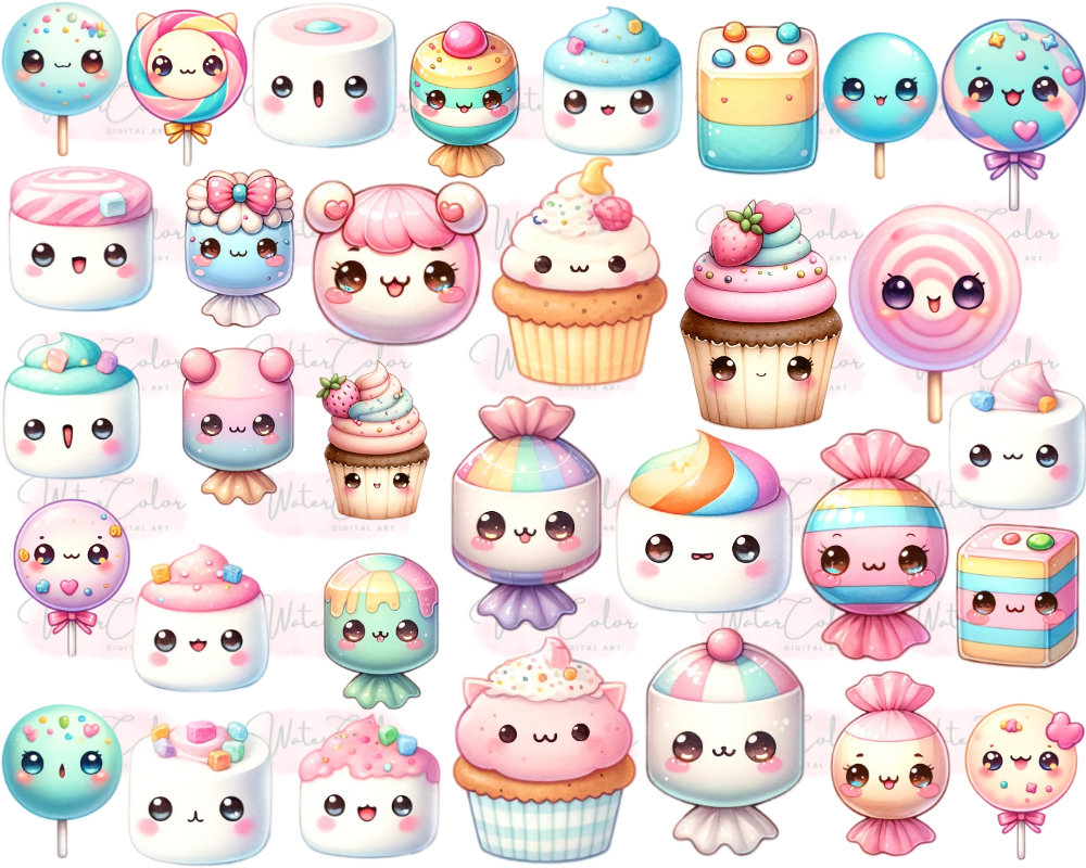 Watercolor Kawaii Sweets Clipart Bundle, Soft Colors Macarons Cupcakes ...