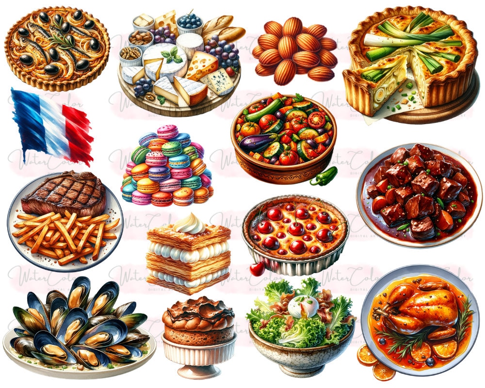 Watercolor French Food Bundle Clipart, French Gourmet Dish Ratatouille ...